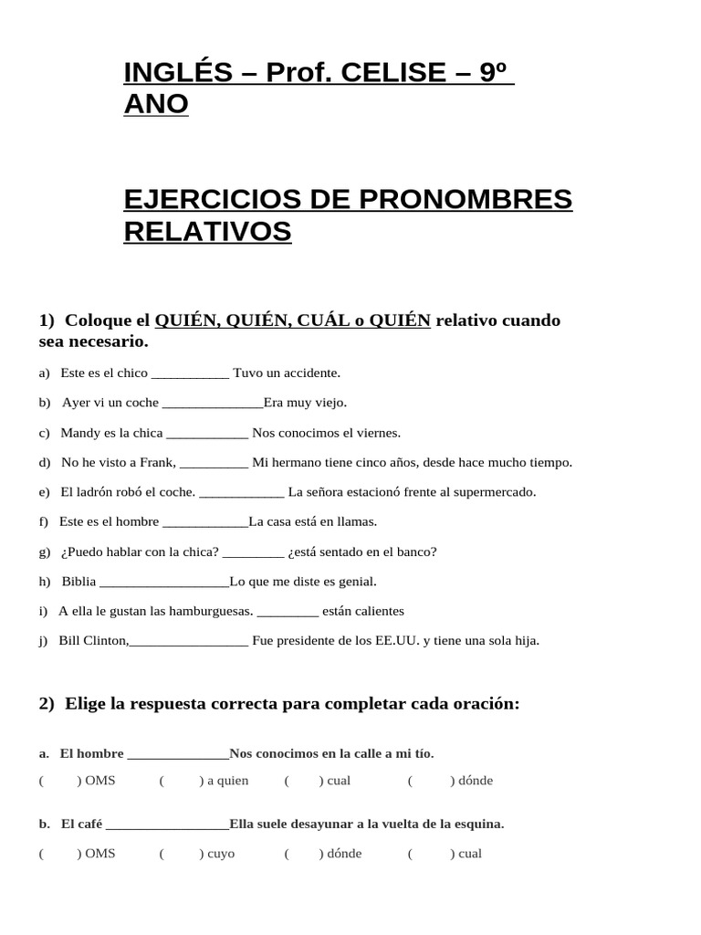 Ejercicios de Pronombres Relativos | PDF