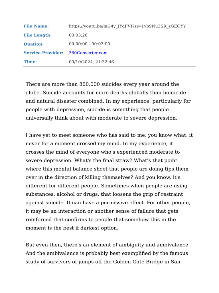 Dr. David Goldbloom On Suicide | PDF