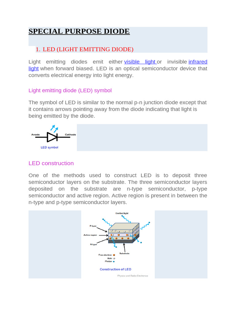 SPECIAL PURPOSE DIODE Notes | PDF | Light Emitting Diode | P–N Junction