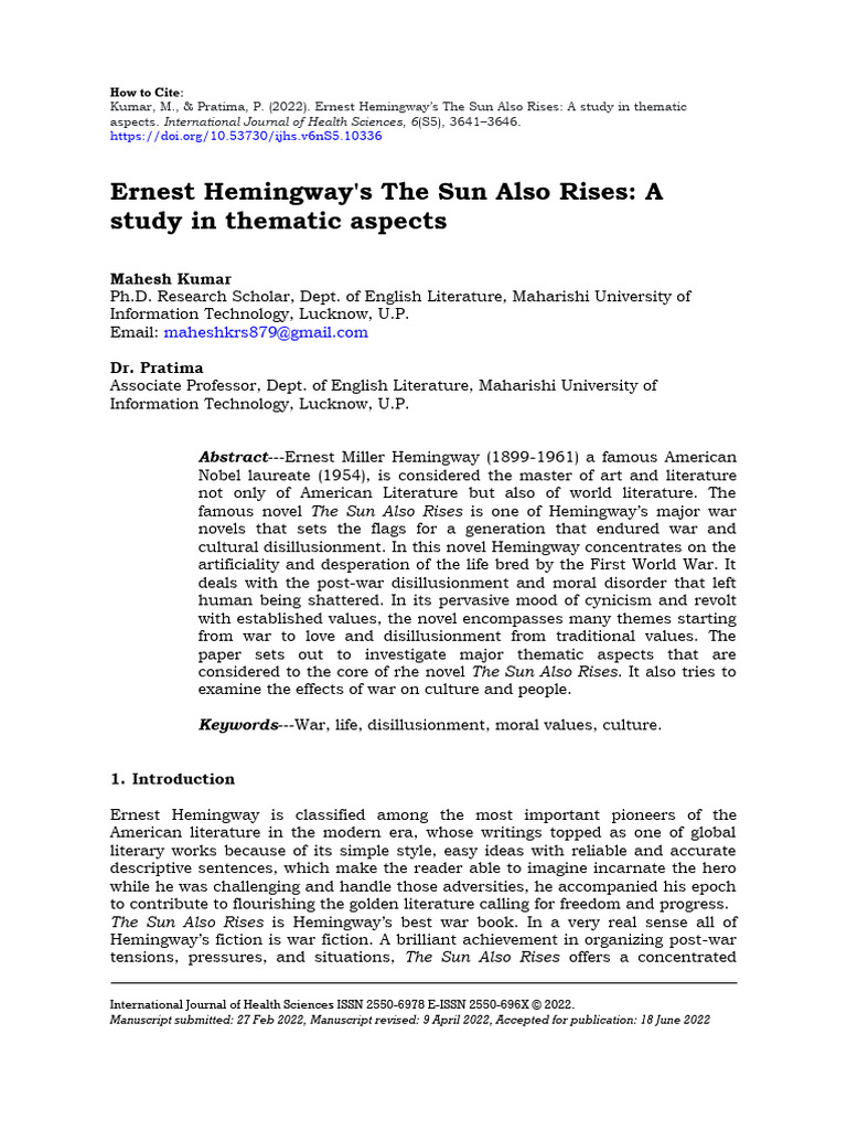 Ernest Hemingways The Sun Also Rises A Study in T | PDF