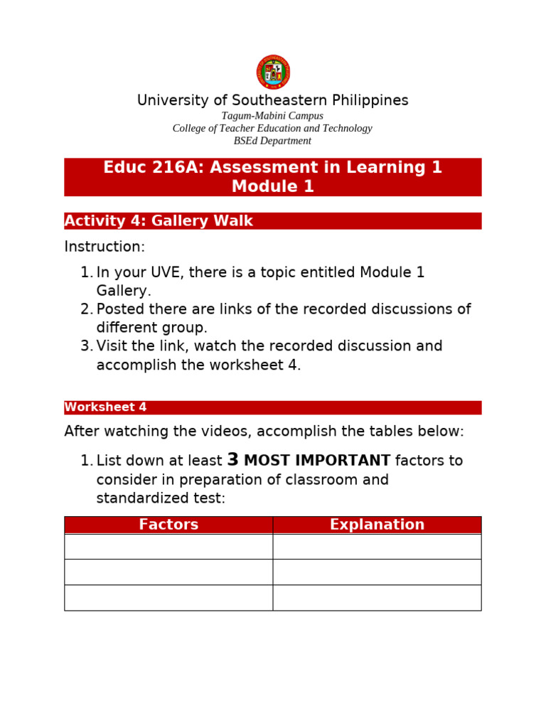 Educ 216A Worksheet 4 | PDF
