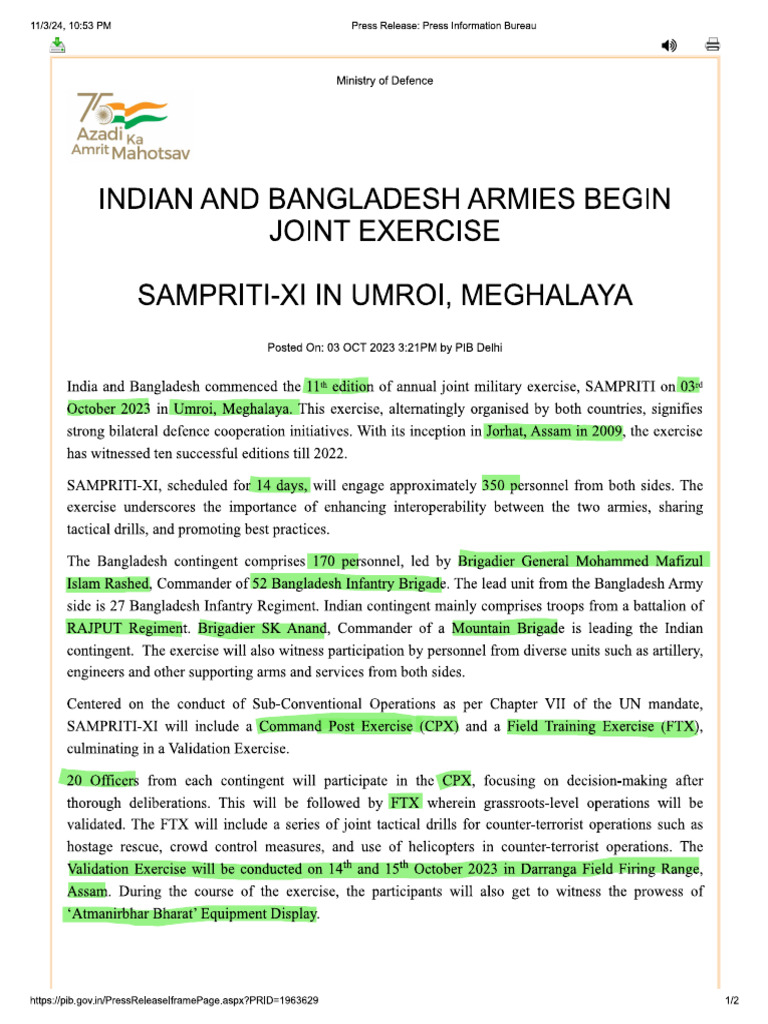 2023 Bangladesh Army Sampriti Umroi Meghalaya | PDF