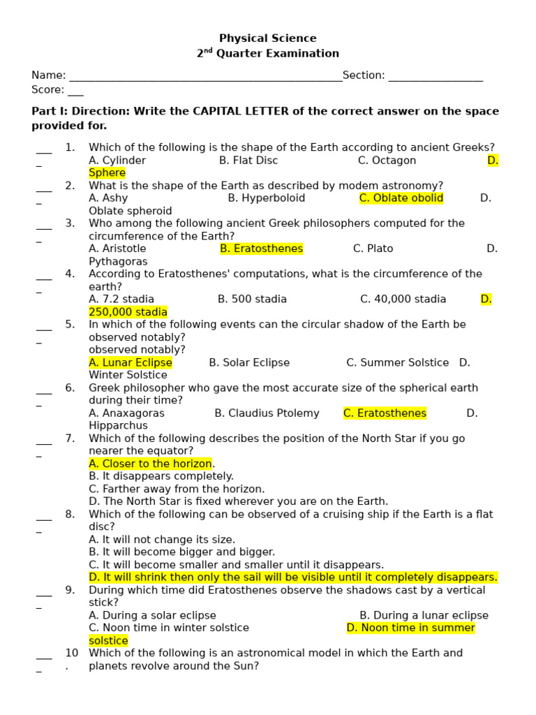 Physical Science 2nd Quarter Exam | PDF | Light | Eclipse