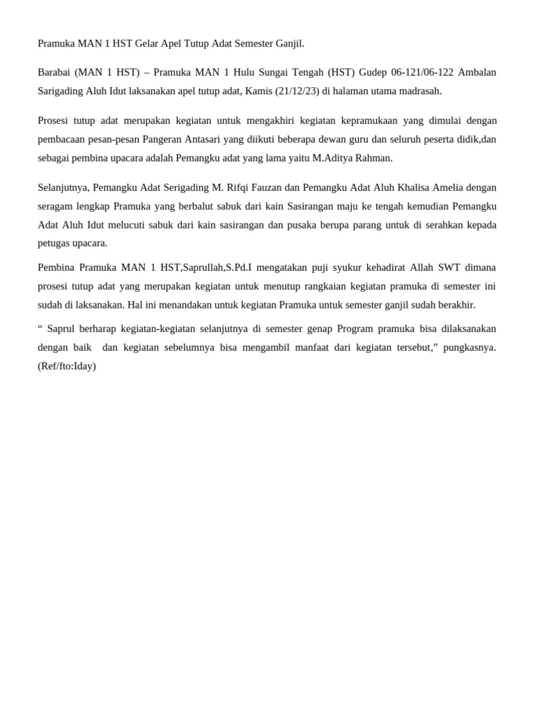 Pramuka MAN 1 HST Gelar Apel Tutup Adat Semester Ganjil | PDF