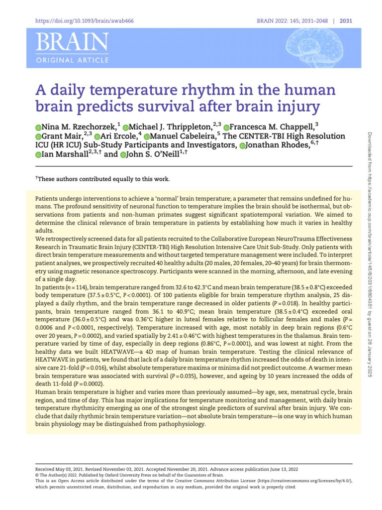 A Daily Temperature Rhythm in The Human Brain Predicts Survival After ...
