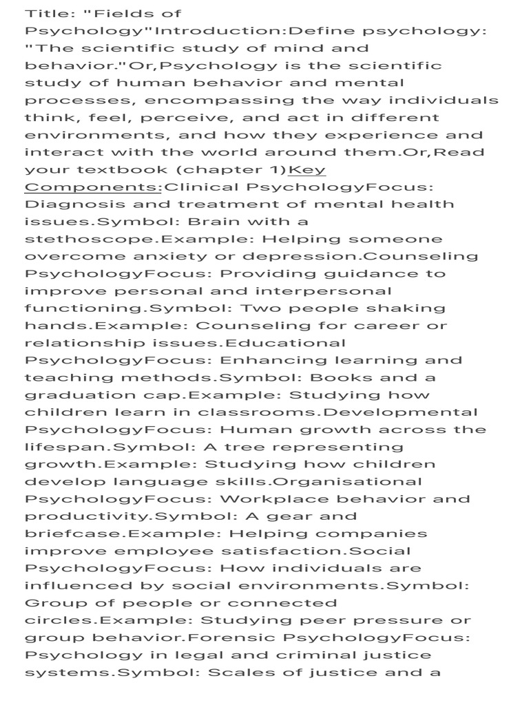 Title: "Fields of Psychology"Introduction:Define Psychology: "The | PDF