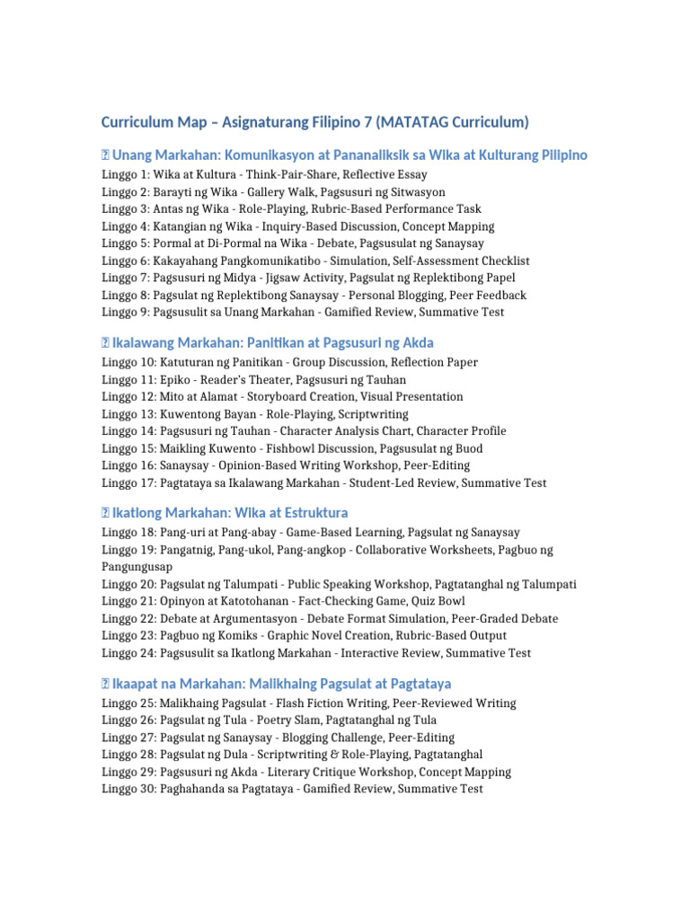 Curriculum Map Filipino 7 | PDF