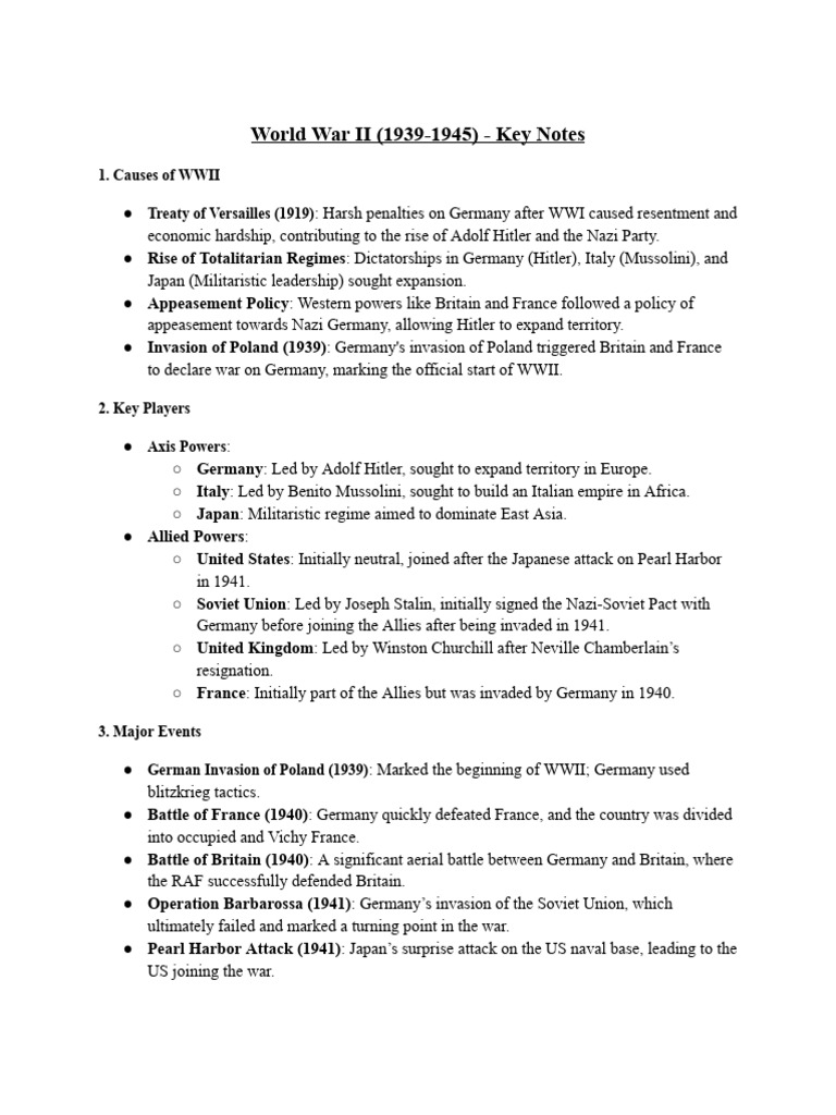 World War II (1939-1945) - Key Notes | PDF | World War II | Nazi Germany