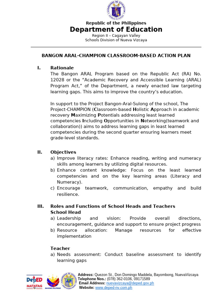 G4 Bangon Aral CHAMPION School Based Action Plan | PDF | Literacy | Cognition