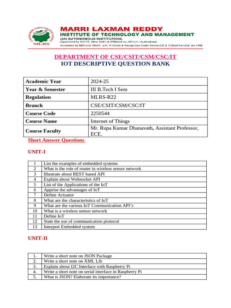 IoT_Question_Bank | PDF | Internet Of Things | Home Automation