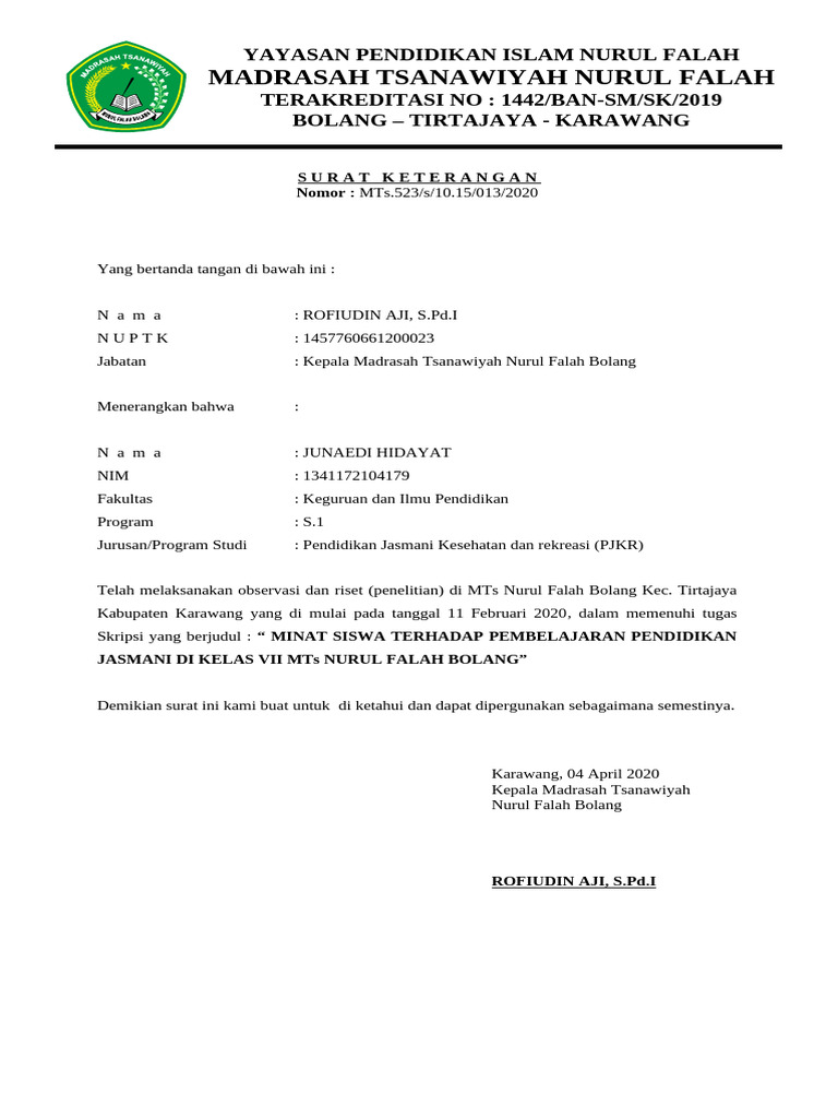 Surat Keterangan Riset Penelitian Mahasiswa - KKN | PDF