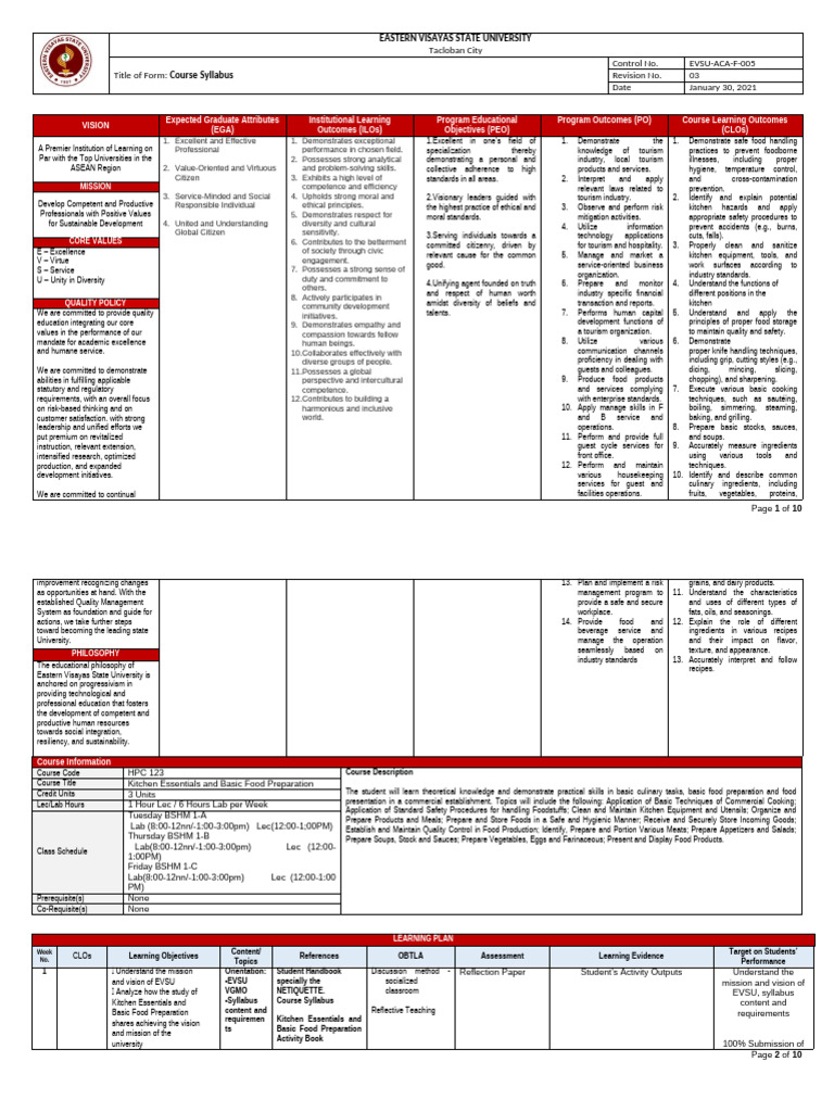 Kitchen Essentials Course Syllabus | PDF | Cooking | Learning