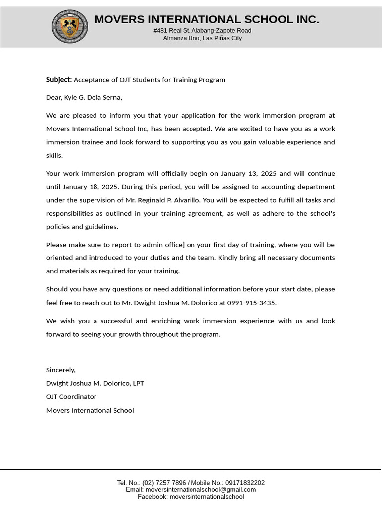 OJT Acceptance Letter - Movers International | PDF