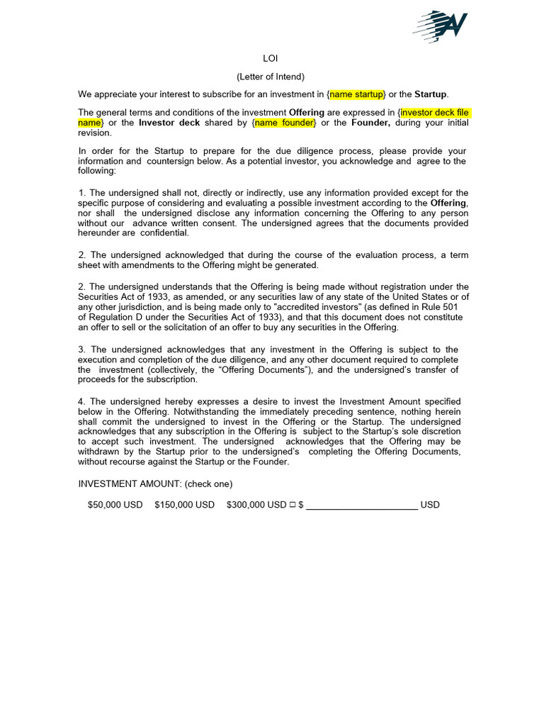 LOI Letter of Intend (De Inversion) | PDF