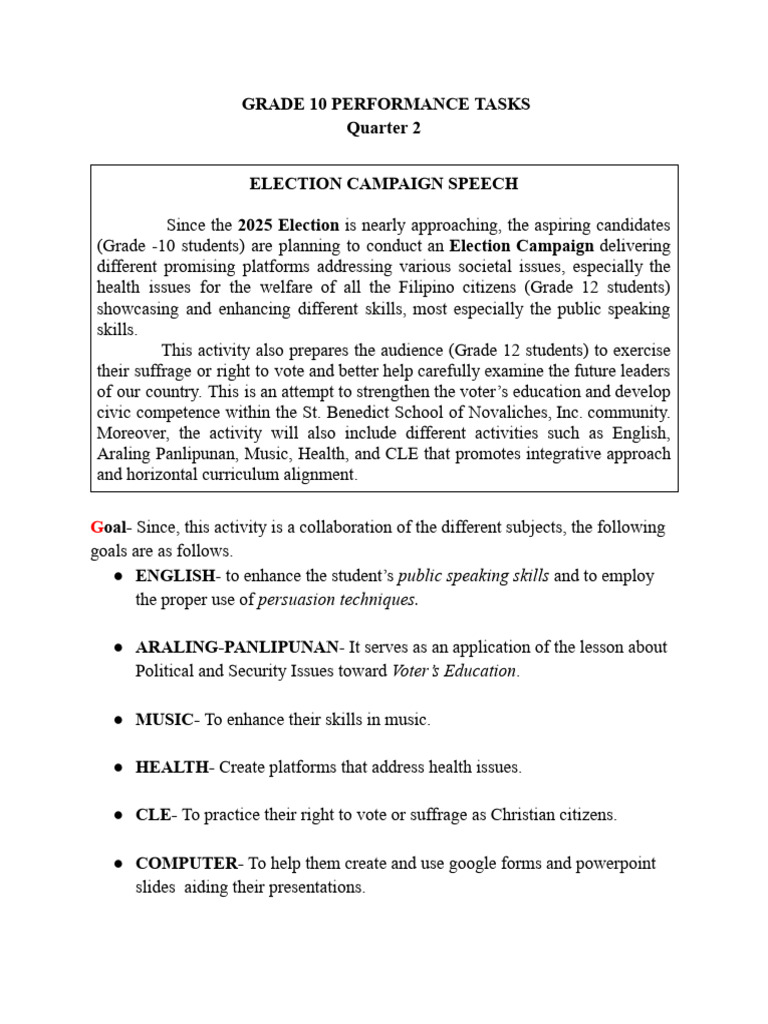 Grade 10 Election Campaign Speech Task | PDF