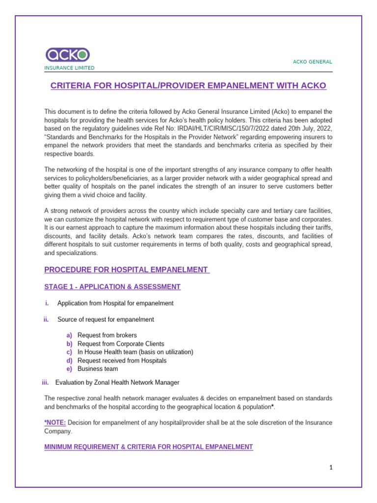 Criteria For Hospital Provider Empanelment With Acko | PDF | Insurance | Hospital