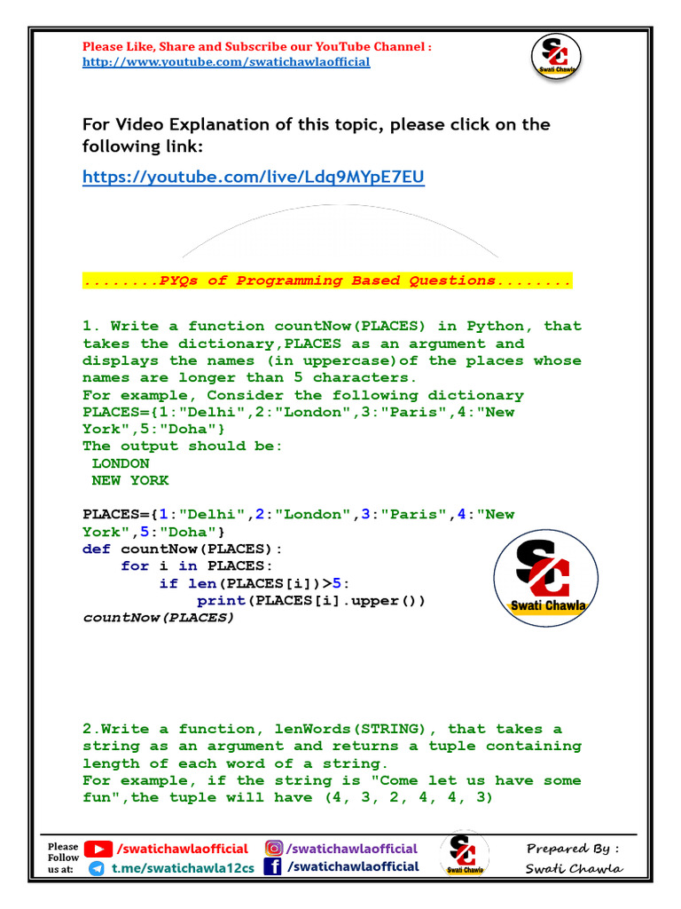 March 16 (PYQs of Programming Based Questions by Swati Chawla) | PDF | Function (Mathematics ...