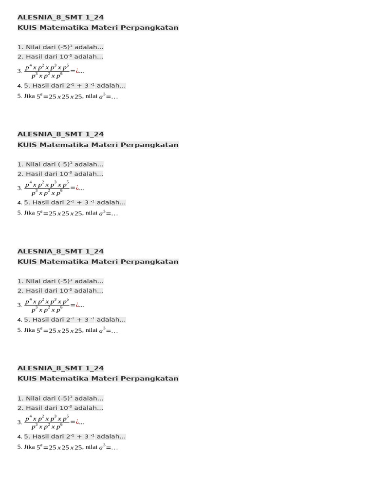 Kuis Matematika Perpangkatan Kelas 8 | PDF