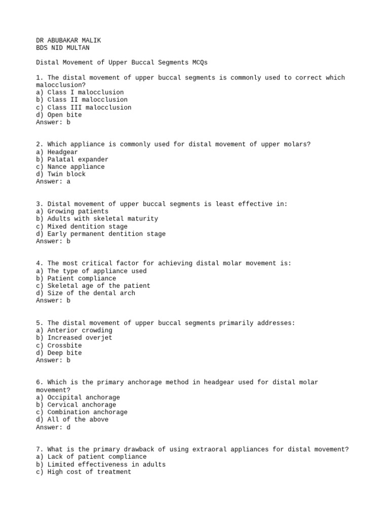 Distal Movement of Upper Buccal Segments MCQs | PDF | Mouth | Tooth