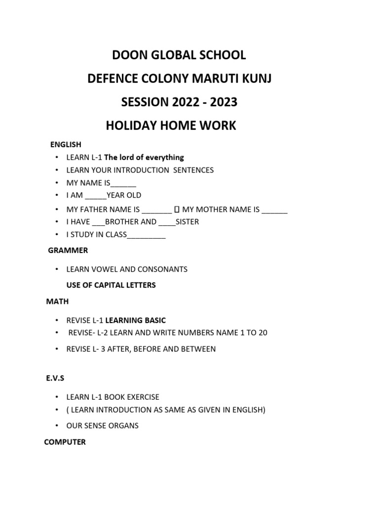 1 Doon Global School Holiday Home Work Class 1...... | PDF