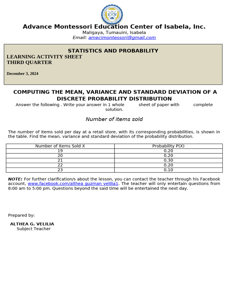 Mean, Variance & Std Dev in Probability | PDF