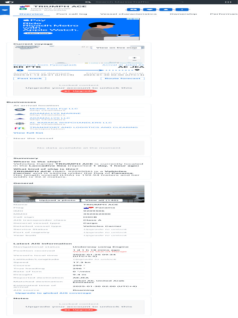 Vessel Characteristics Ship TRIUMPH ACE (Vehicles Carrier) Registered ...