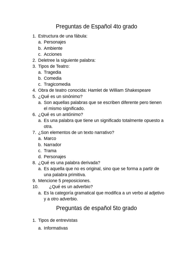 Preguntas de Español 4to Grado | PDF | Poesía | Palabra