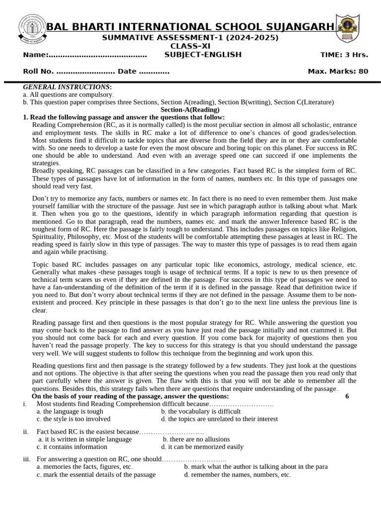 Class 11TH | PDF | Reading Comprehension