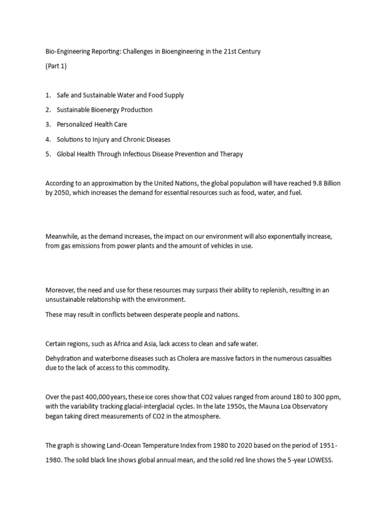 Bio-Engineering Reporting Challenges in Bioengineering in The 21st ...