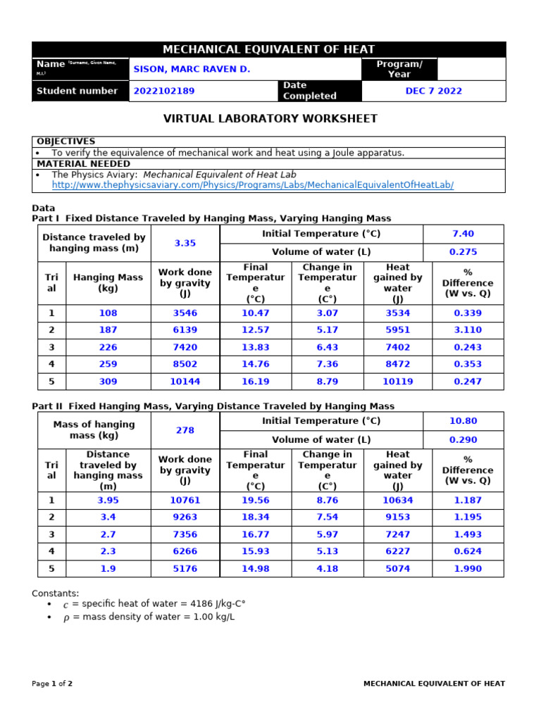 E105 Mechanical Equivalent of Heat Data Sheet SISON | PDF | Heat | Mass