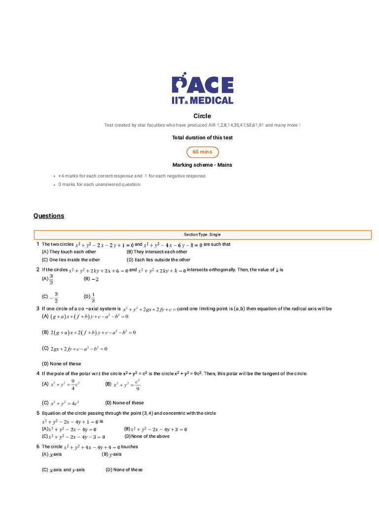 Circle Test Pdf Circle Line Geometry