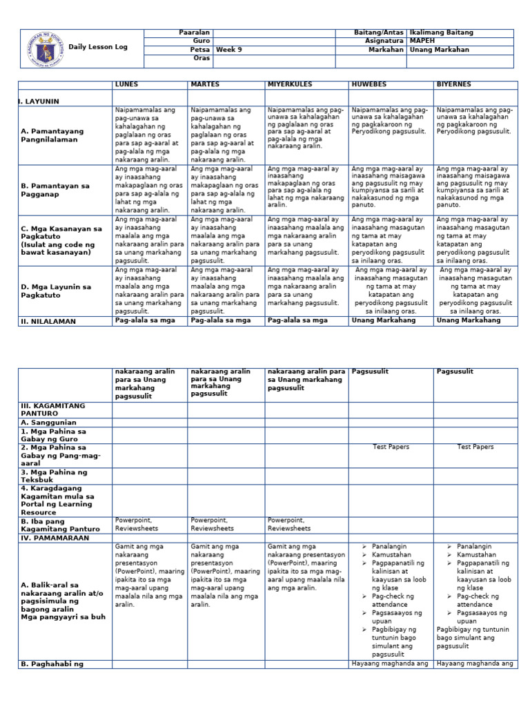 DLL WEEK 9 MAPEH | PDF