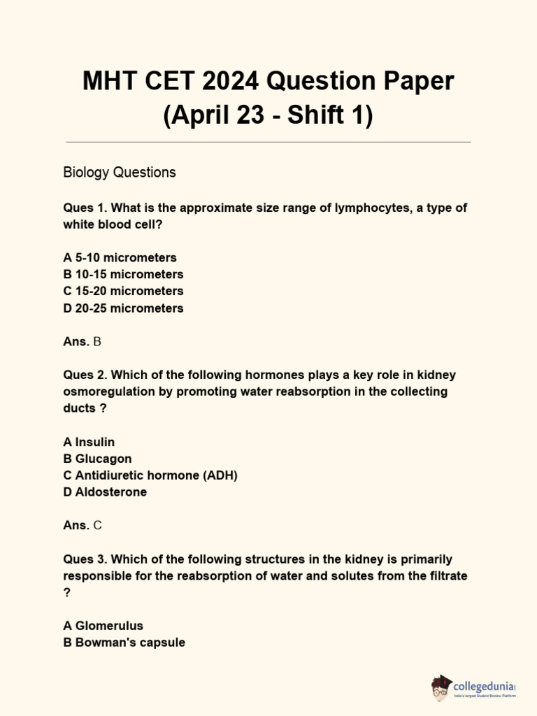 MHT CET 2024 Question Paper April 23 Shift 1 | PDF | Cysteine ...