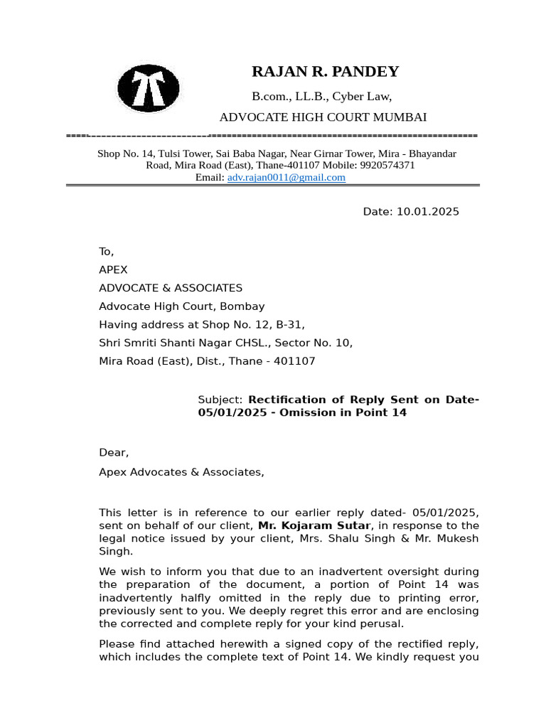Rectified Legal Reply Notice Behalf of Kojaram Sutar | PDF