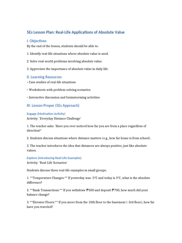 5Es_Lesson_Plan_Real_Life_Absolute_Value | PDF | Lesson Plan | Teachers
