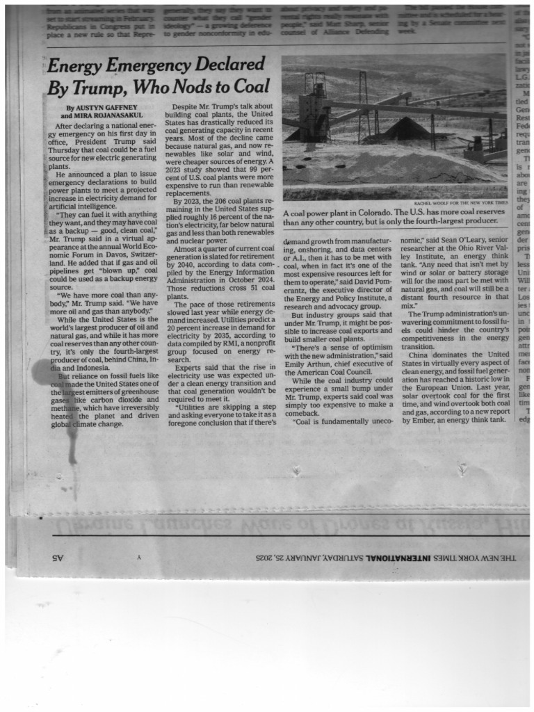 NY TImes Article On Energy Emergency Declaration January 25 2025 | PDF