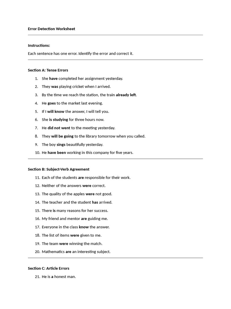 Error Detection Worksheet-I | PDF | Languages | Foreign Language Studies