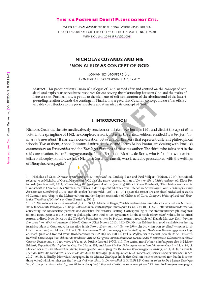 Cusanus' Non Aliud: Concept of God Explained | PDF | Definition | Knowledge