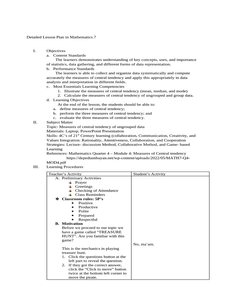 Detailed Lesson Plan in Mathematics 7 | PDF | Mean | Summation