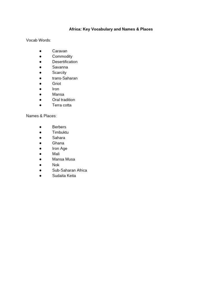 Key African Vocabulary & Places | PDF