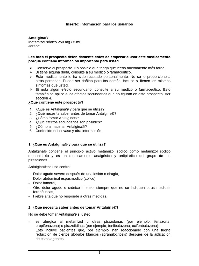 Inserto Antalgina Jarabe | PDF | Medicamentos con receta | Alergia