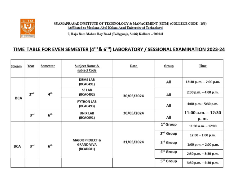 Time Table of Makaut Even Semester (4TH and 6TH) Laboratory and ...