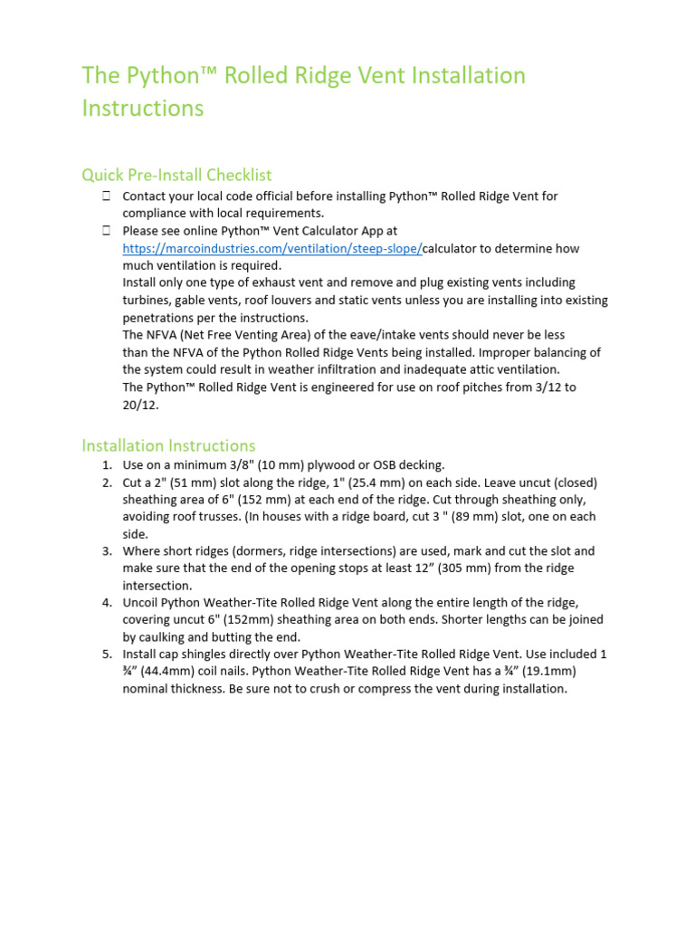 The Python™ Rolled Ridge Vent Installation Instructions: Quick Pre-Install Checklist | PDF