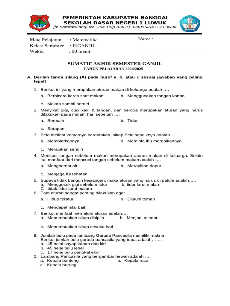 Soal Asas Ganjil Pend. Pancasila Kelas 2 | PDF