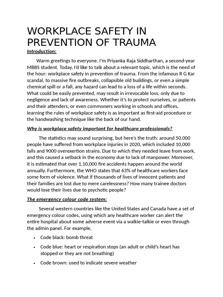 Workplace Safety in Prevention of Trauma | PDF | Occupational Safety ...