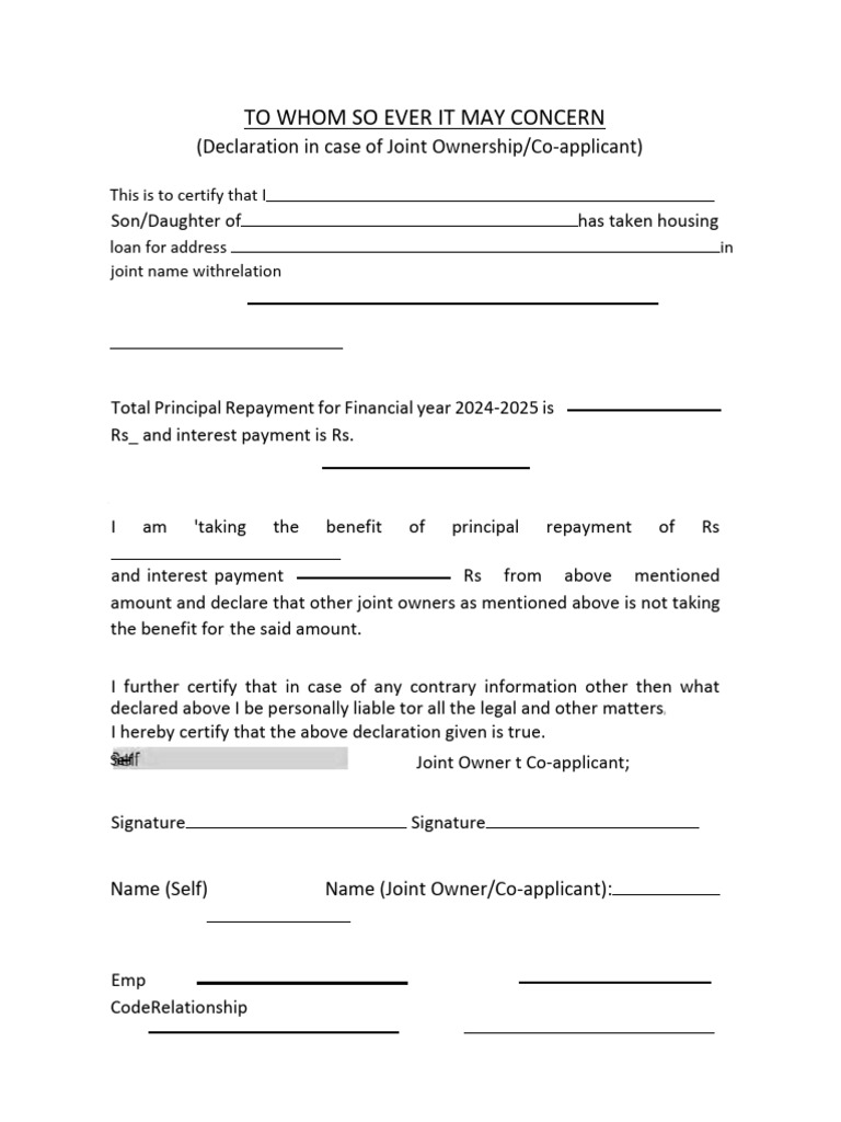 Joint Declaration For Availing Benefit of House Loan | PDF