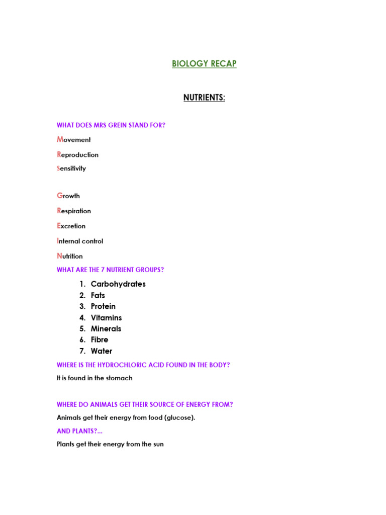 Biology Recap Pdf Foods Nutrients