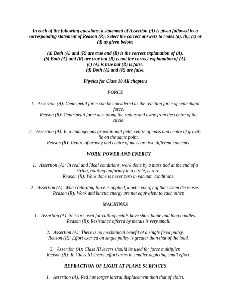 Assertion Reason Based Questions Pdf Mirror Optics 3272