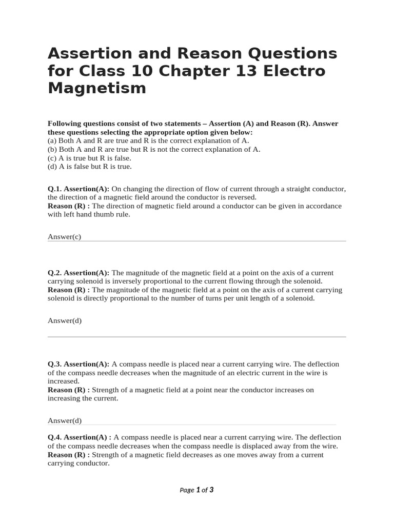 Assertion and Reason Questions For Class 10 Science Chapter 13 Magnetic Effects of Electric ...