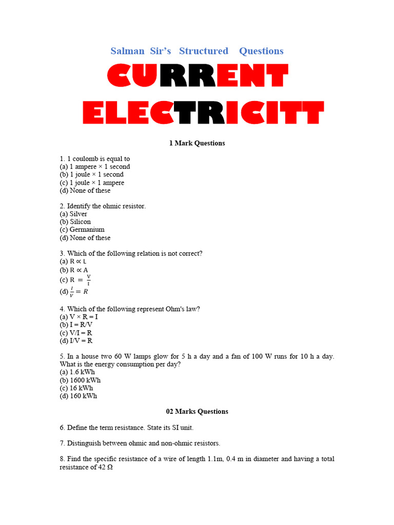 Structured Electricity Questions and Answers | PDF | Resistor ...